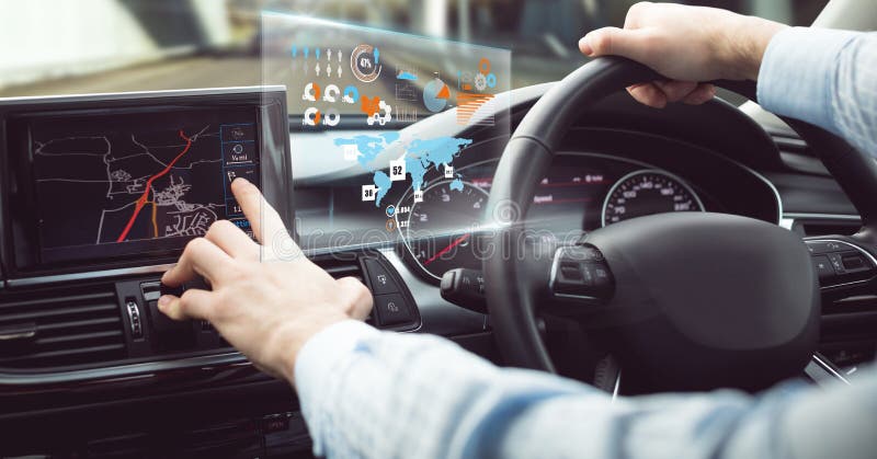 Man Driving in Car with Heads Up Display Interface Stock Photo - Image ...