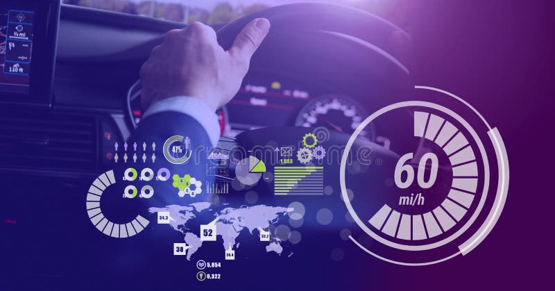 Man Driving in Car with Heads Up Display Interface Stock Image - Image ...