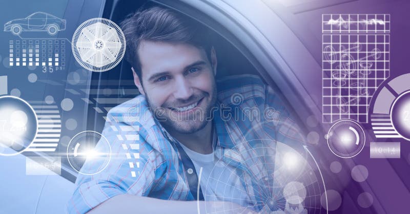 Man Driving in Car with Heads Up Display Interface Stock Image - Image ...