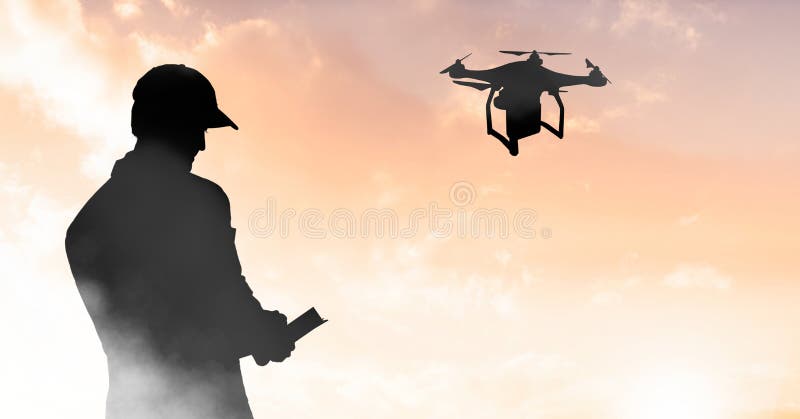 Man Flying a Drone Silhouette in Sky Stock Illustration - Illustration ...