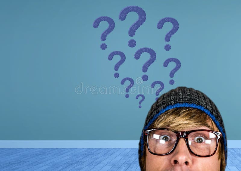 Man in Hat Thinking with Blue Stitched Question Marks Stock Image ...