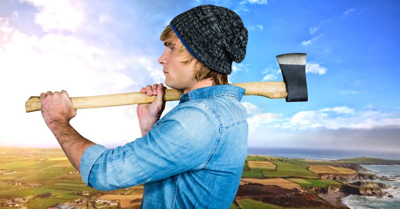 Man Holding Axe with Dramatic Landscape Stock Image - Image of ...