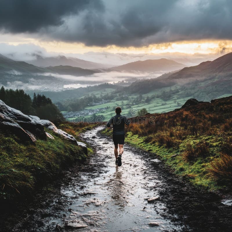 Digital Composite of Man Jogging in the Countryside with Mountains and ...