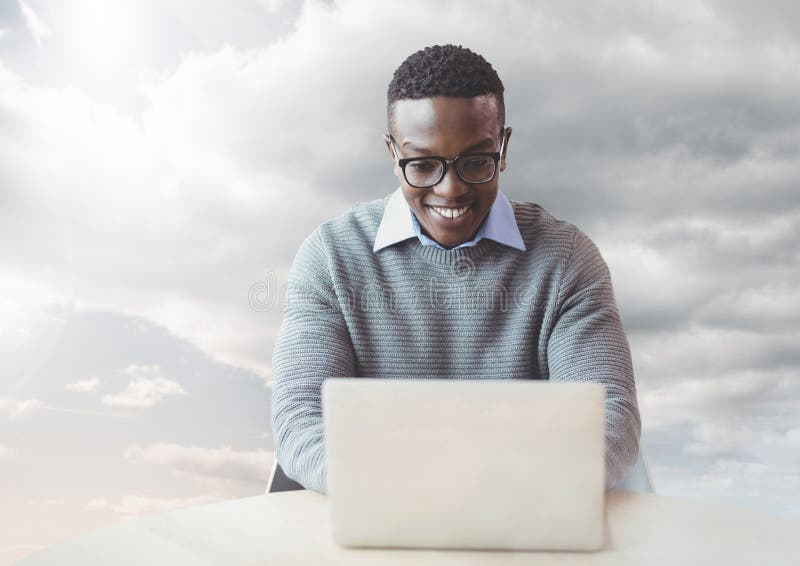 Man on Laptop in Cloudy Sky Stock Image - Image of laptop, glasses ...
