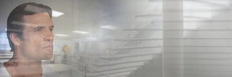 Man Looking Contemplatively through Work Window Reflection with ...