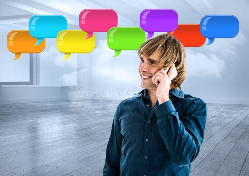 Man on Phone with Shiny Chat Bubbles Stock Photo - Image of cloudy ...