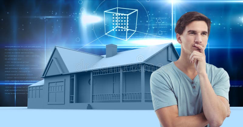 Man Thinking and House with Sky Interface Glowing Stock Photo - Image ...