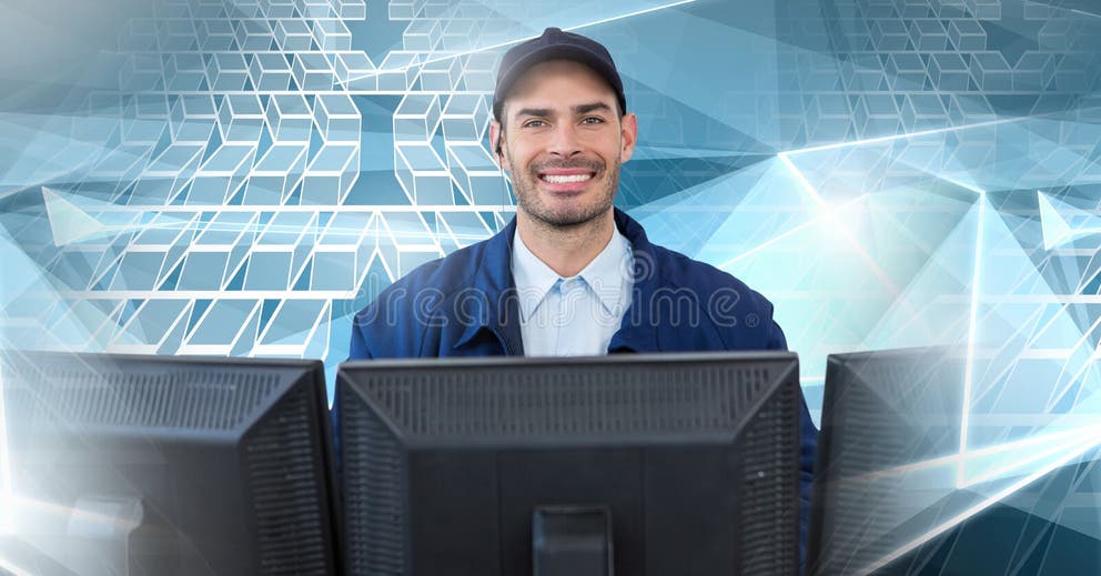 Man Using Computers with Geometric Transition Stock Image - Image of ...