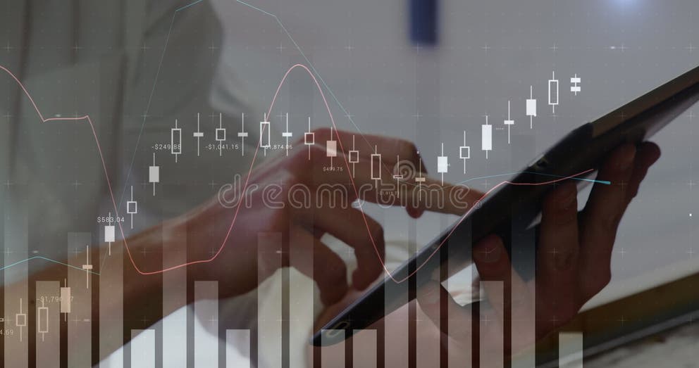 Digital Composite of a Man Using a Digital Tablet while Graphs Move in ...