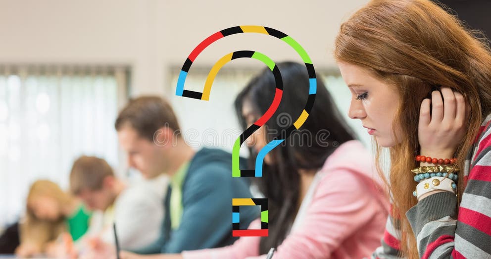 Digital Composite of Multi Colored Question Mark Over College Students ...