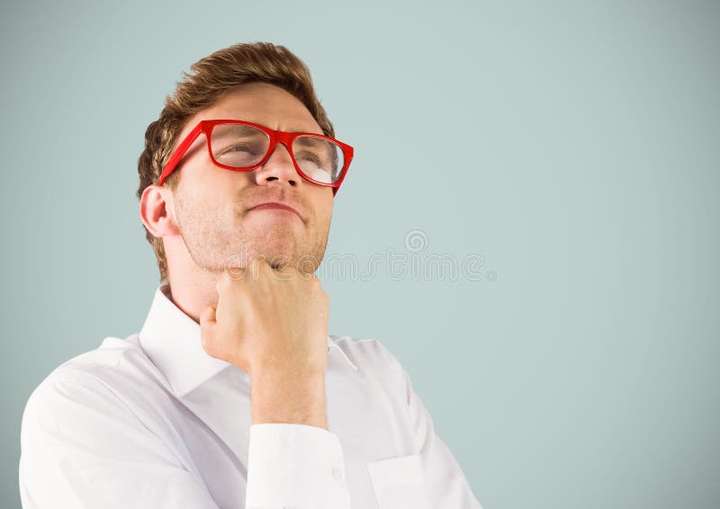 Nerd Man Thinking Against Light Grey Background Stock Photo - Image of ...