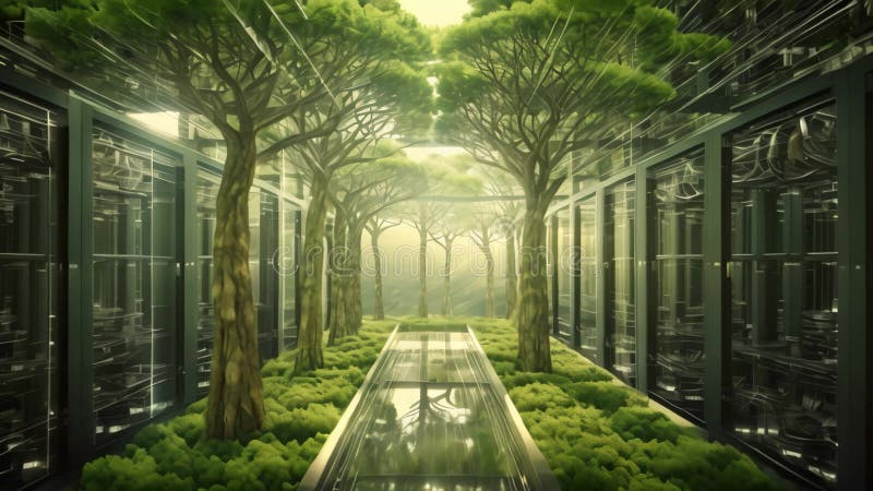Server Room Data Center with Green Trees. 3d Render Concept, Bright ...