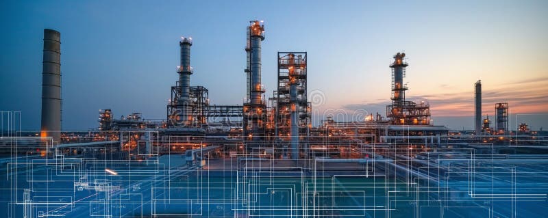 Oil Refinery with Blueprint Overlay at Dusk Stock Image - Image of ...