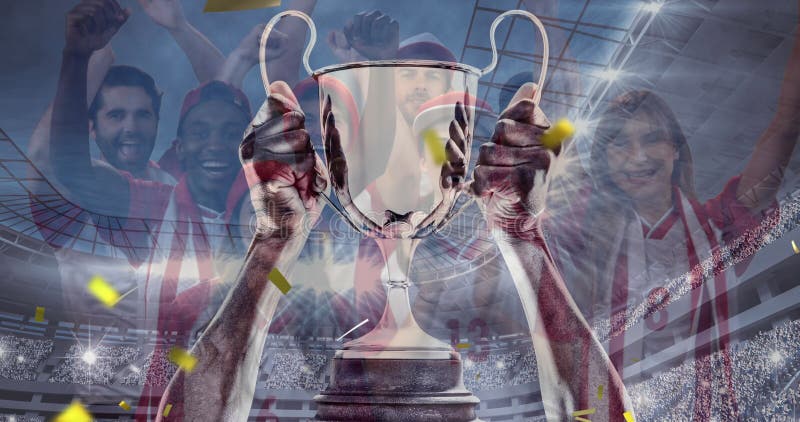 Hands Hold Trophy Amid Confetti As Diverse Fans Celebrate in Stadium ...