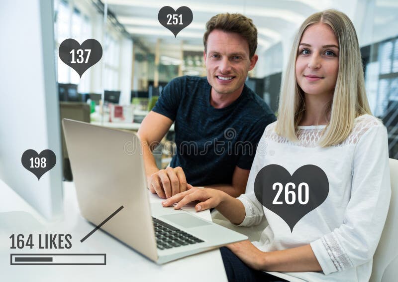 People on Computer with Likes Status Bar and Hearts Stock Photo - Image ...
