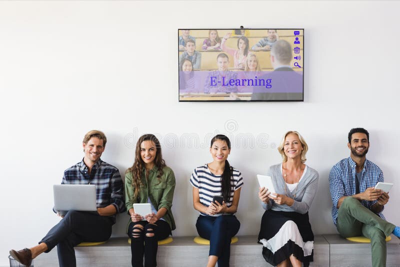 People Sitting Under a TV with E-learning Information in the Screen ...