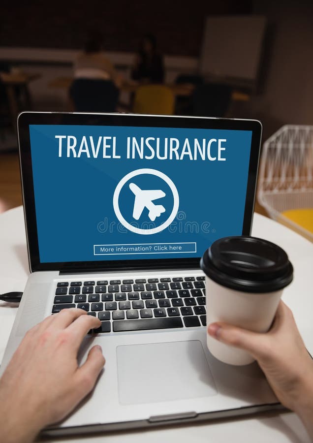 Person Using a Computer with Travel Insurance Concept on Screen Stock ...