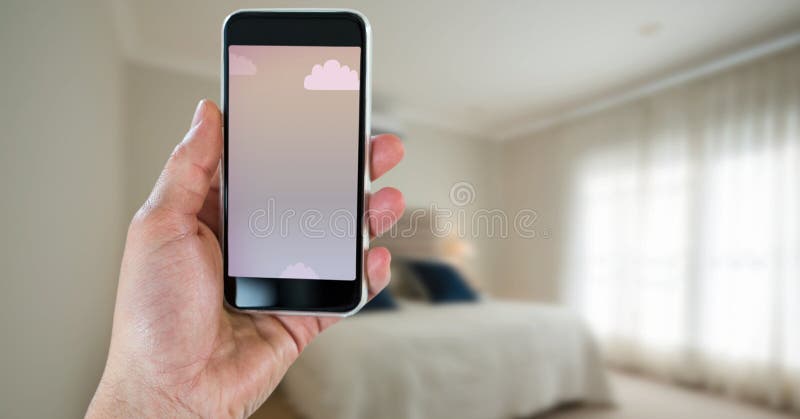Phone in hand in bedroom stock image. Image of mobile - 118854457