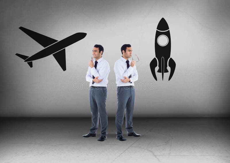 Plane or Rocket with Businessman Looking in Opposite Directions Stock ...