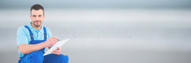 Plumber Man Sitting and Writing Stock Image - Image of male, isolated ...