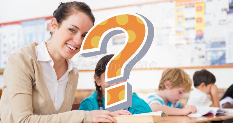 Digital Composite of Question Mark Over Smiling Teacher Helping ...