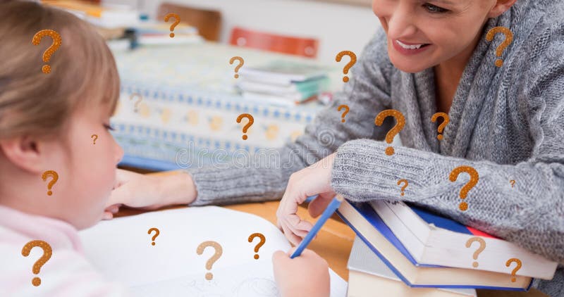 Digital Composite of Question Marks Over Smiling Teacher Helping ...