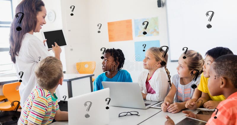 Digital Composite of Question Marks Over Teacher Showing Tablet Pc To ...