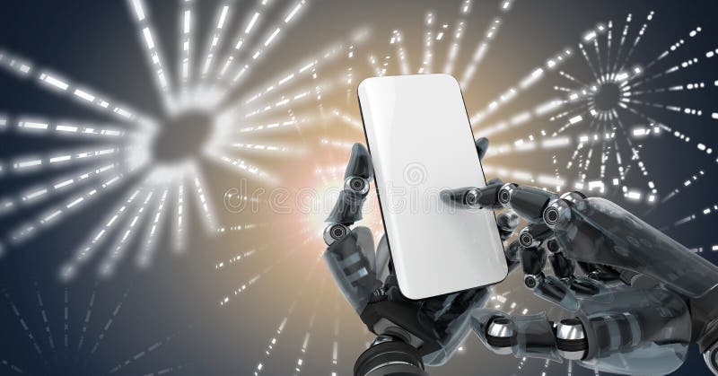 Robotic Android Hand Using Phone Device and Glowing Firework Circle ...