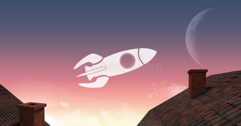 Rocket Icon Flying Over Rooftops To the Moon Stock Illustration ...