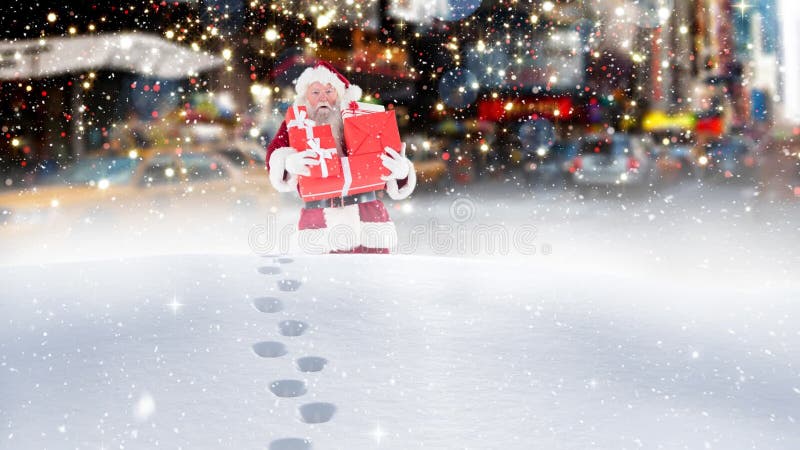 Santa Clause Walking through High Snow Combined with Falling Snow Stock ...