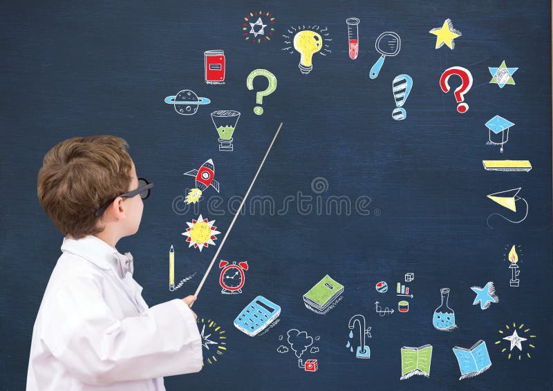 School Boy Scientist Explaining and Education Drawing on Blackboard for ...