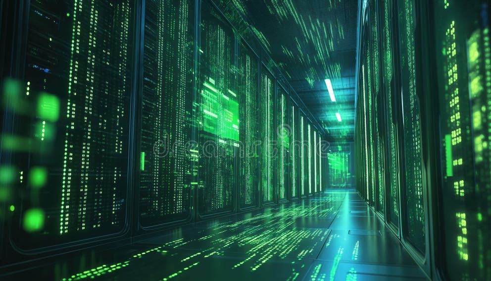 Digital Composite Showing Binary Codes Falling Over Server Racks in Data Center Stock Image ...