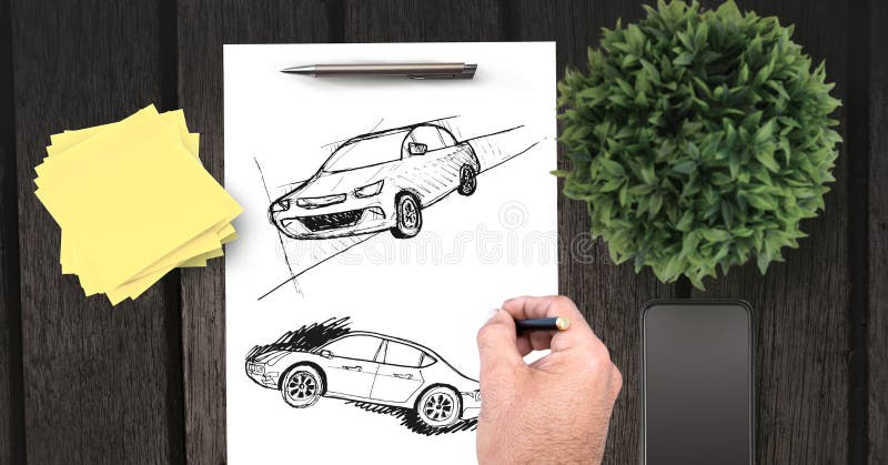 Sketch of Car and Hand Drawing Stock Photo - Image of holding, drawing ...