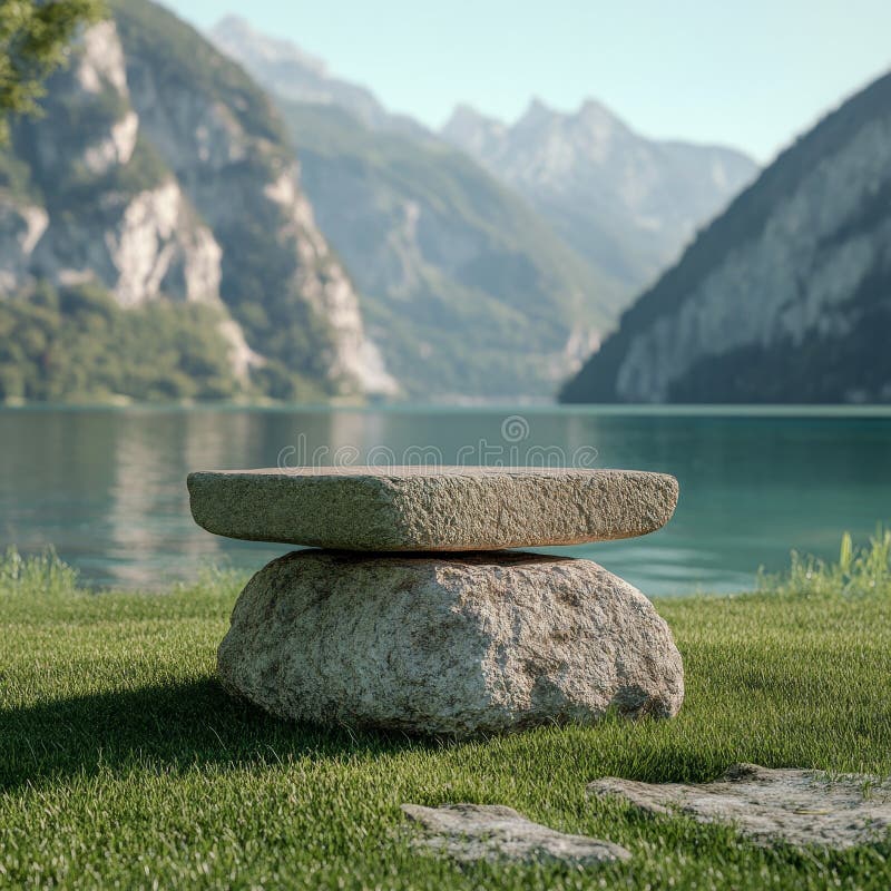 Digital Composite of Stone Platform in Front of a Lake with Green Grass ...