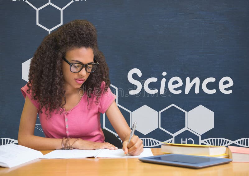 Student Girl at Table Reading Against Blue Blackboard with Science Text ...