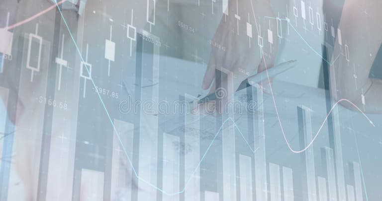 Digital Composite of a Team Discussing Ideas while Graphs Move in the ...