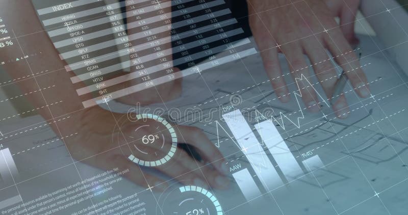 Digital Composite of a Team Discussing Ideas while Graphs Move in the ...