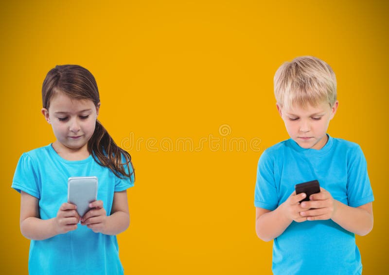 Texting Kids with Blank Yellow Background Stock Photo - Image of posing ...