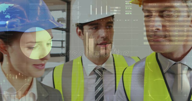 Digital Composite of Three Architects Reviewing Building Plans with ...