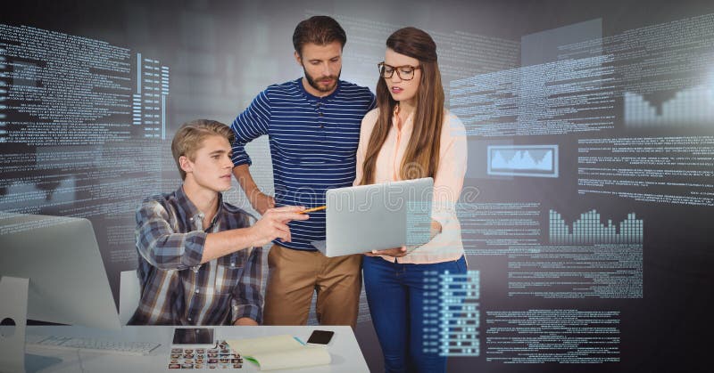 Three People Working on Laptop with Screen Text Interface Stock Photo ...