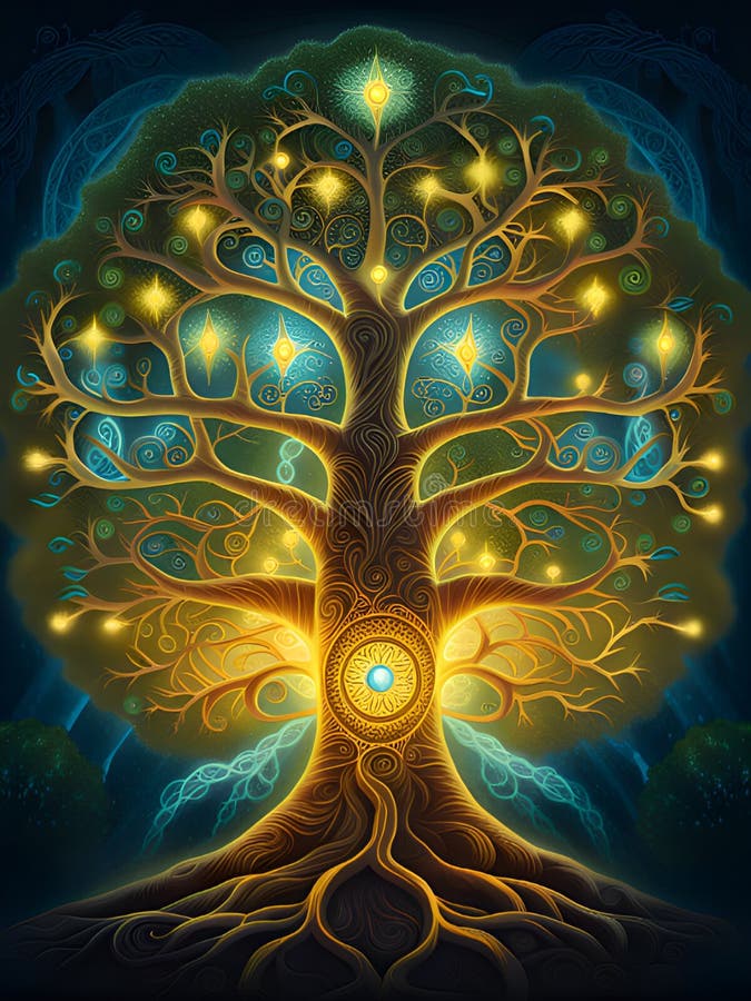 Digital Composite of Tree with Glowing Lights on Background, Ai ...