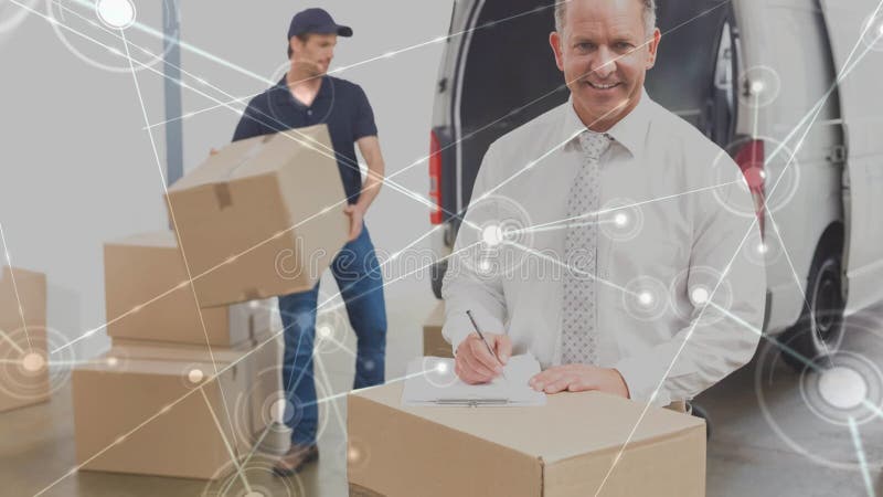 Warehouse Composition of Two Men Packing Boxes into a Van Combined with ...