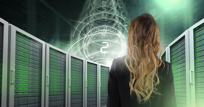 Woman with Computer Servers and Technology Information Interface Stock ...