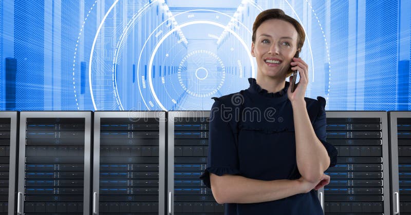 Woman with Computer Servers and Technology Information Interface Stock ...