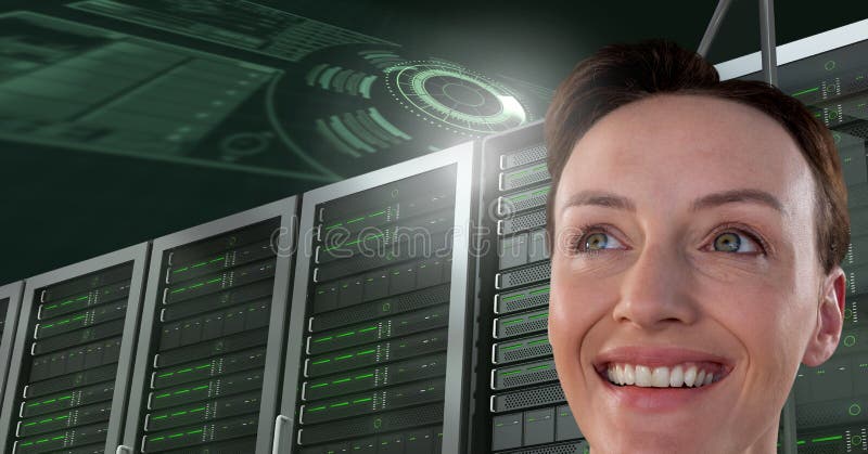 Woman with Computer Servers and Technology Information Interface Stock ...