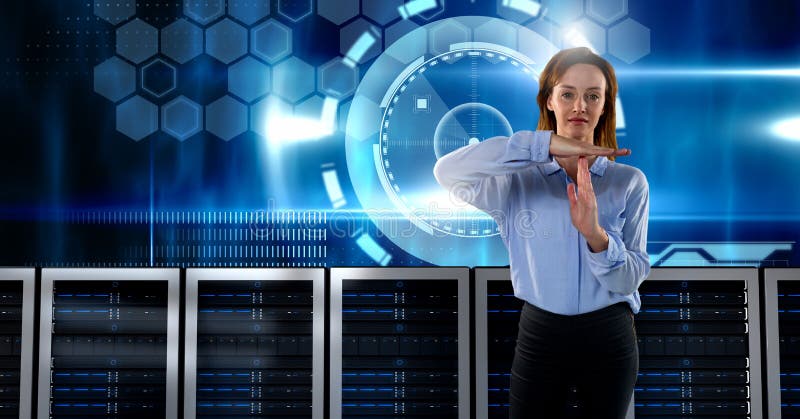 Woman with Computer Servers and Technology Information Interface Stock ...