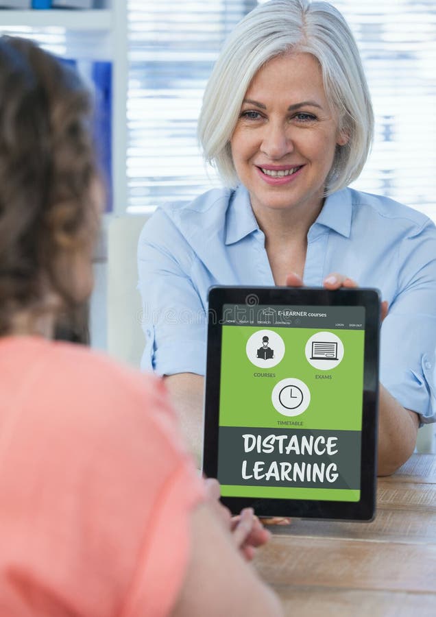 Woman Holding a Tablet with E-Learning Information in the Screen Stock ...