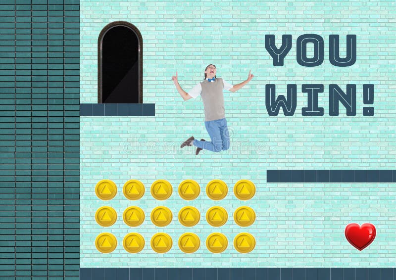 You Win Text and Man in Computer Game Level with Coins and Heart Stock ...