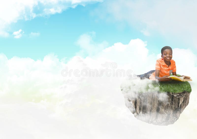 Young Boy on Floating Rock Platform in Sky Reading Book Stock Photo ...