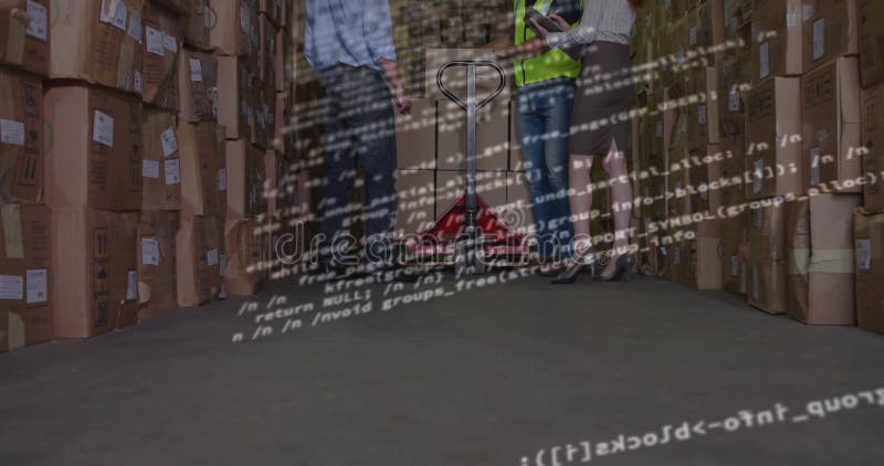 Digital Composition of Data Processing Against Mid Section of People in Warehouse Stock Image ...